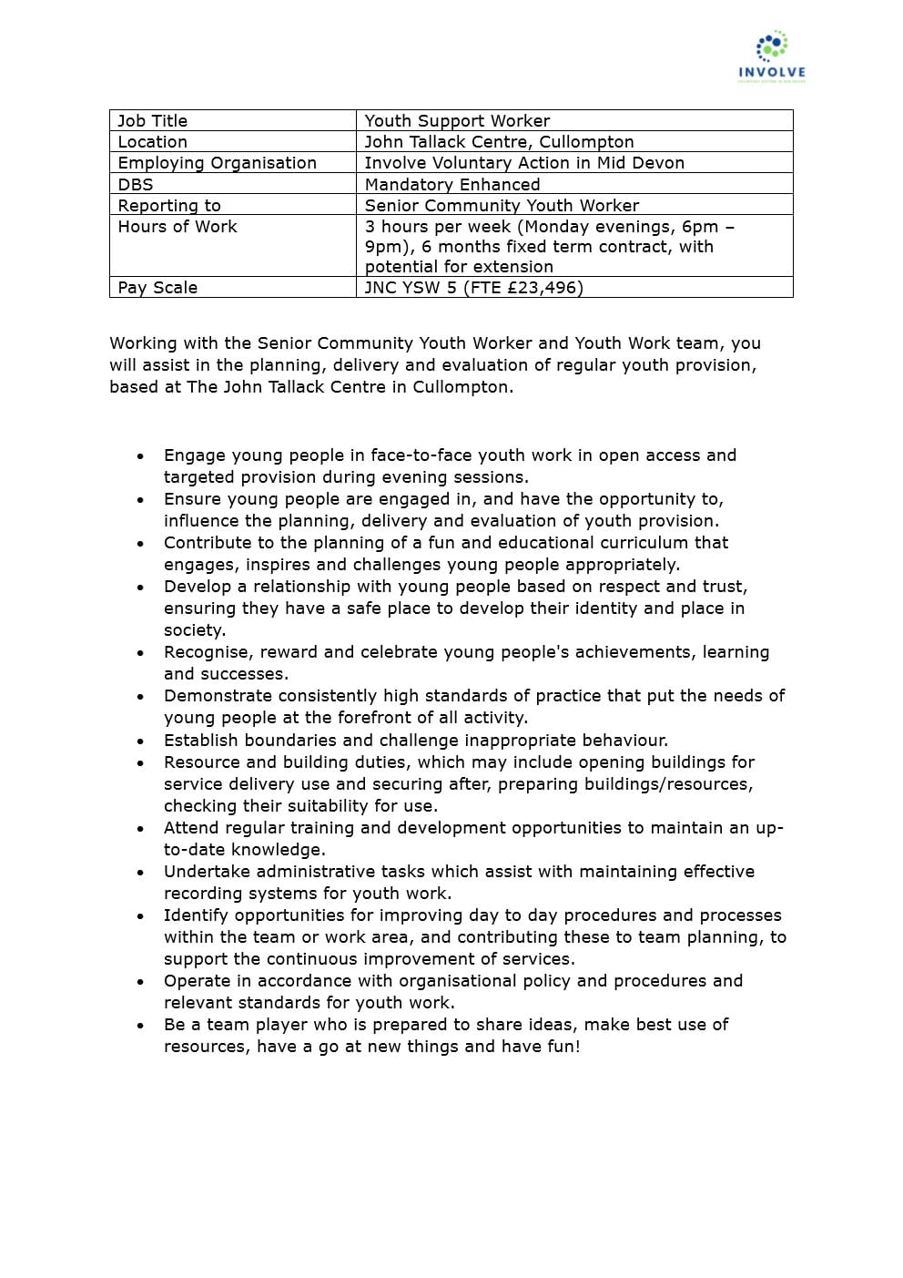 Job Opportunity - Youth Support worker • Involve